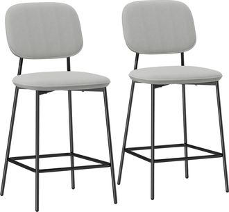 HOMCOM 2er-Set Barhocker, Bistrohocker mit Fu&szlig;st&uuml;tze, Barstuhl, Samt-Bezug, K&uuml;chenstuhl, Tresenhocker-Set mit Stahlbeinen f&uuml;r Wohnzimmer, Esszimmer, Hellgrau