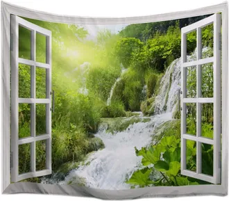 A.Monamour Wanddekor Wandbild Vorhang Wandteppiche Grün Wilden Dschungel Wald Wasserfall Natur Landschaft Blick Aus Dem Fenster Drucken Stoff Wandteppich Wand Hä