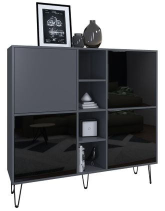 Vladon Highboard Havana V3, Kommode mit 4 Türen und 4 offene Fächer, Kommode Made in Germany, Anthrazit matt/Schwarz Hochglanz (130,5 x 124 x 35 cm)