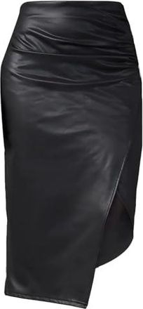 Generic Jupe en cuir noir grande taille | Jupes longues pour femme - Jupe dhiver en similicuir - Jupe trap&egrave;ze sexy - Jupe midi sexy - Jupe portefeuille tendan
