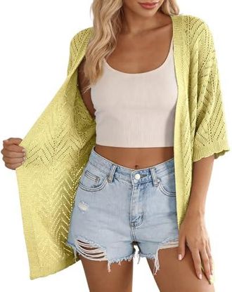 Generic Robe boh&egrave;me &eacute;l&eacute;gante &agrave; manches courtes pour femme, kimono en tricot l&eacute;ger, jaune, XS