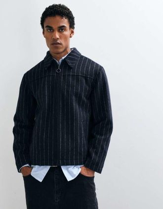 Asos Jacke mit Rei&szlig;verschluss in Wolloptik mit Nadelstreifen in Schwarz