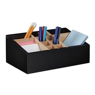 Relaxdays Organiseur de Bureau, 12 Compartiments, r&eacute;glable, Bambou & MDF, Rangement, HxLxP : 12x30x18 cm, Noir - Nature