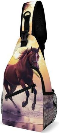 Generic Sacoche Homme Bandouliere Plage de la mer, soleil, cheval sauvage courant, art R&eacute;glable Sling Sac &agrave; Bandouli&egrave;re Polyester Crossbody Bag pour Homme Cam