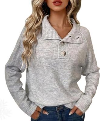Generic Pull à col montant boutonné en tricot torsadé pour femme, col en V, tricot confortable, couleur unie, pull décontracté à manches longues, gris, XL