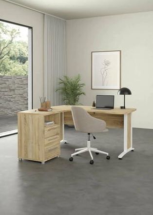 Dmora Schreibtisch Sidonia, Mehrzweckschreibtisch, B&uuml;rotisch f&uuml;r PC, Eckschreibtisch, 159x150 h75 cm, Eiche und Wei&szlig;