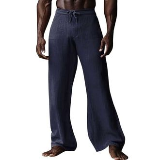 Generic Pantalon de plage en lin pour homme - Jambes larges - Cordon de serrage - Pantalon de yoga baggy - Taille &eacute;lastique - Pantalon d&eacute;contract&eacute; - Coupe amp