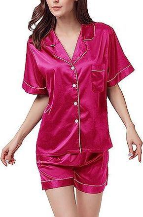 Generic Ensemble de pyjama en satin soyeux &agrave; manches courtes pour femme - V&ecirc;tements de nuit en satin pour femmes - Ensembles de v&ecirc;tements de d&eacute;tente petite et