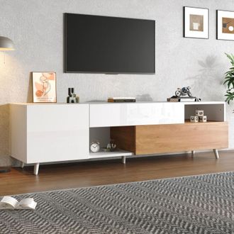 STILVORA Meuble TV avec 2 Portes, 1 Tiroir et 2 Niches, Fa&ccedil;ade Blanc Brillant, Style Moderne, 180&times;38&times;50 cm, Blanc et Bois
