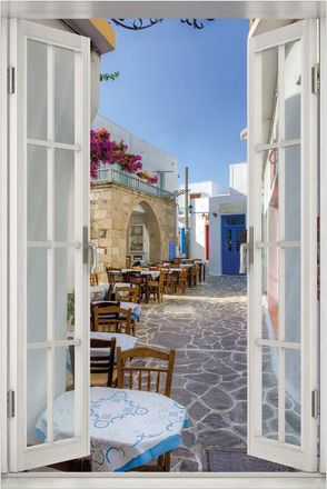 Wallario Poster - Gasse in Griechenland in Premiumqualität, Größe: 61 x 91,5 cm mit Fenster-Illusion (Maxiposter)