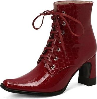 Generic Bottines tendance &agrave; lacets &agrave; bout carr&eacute; pour femme - Talon bloc - Doublure en fausse fourrure - Confortables - Chaussures dhiver d&eacute;contract&eacute;es, Rouge,
