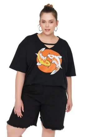 Trendyol Trendyol Damen-T-Shirt, &Uuml;bergr&ouml;&szlig;e, regul&auml;r, Basic, V-Ausschnitt, Strick, &Uuml;bergr&ouml;&szlig;e, Schwarz, 3XL