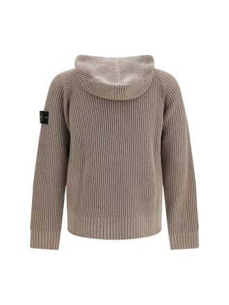 Stone Island Ribbed Hooded Zip-Up Sweater - Beige