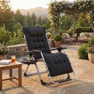 Songmics Chaise Longue Pliante avec Coussin Amovible, Transat de Jardin en Acier, avec Tablette et Pochette, Noir