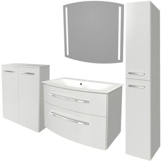 Fackelmann b.style Badm&ouml;bel Set mit Waschbecken mit Unterschrank 80 cm breit - LED-Spiegel - Doppel-Midischrank und schmaler Hochschrank in Wei&szlig;
