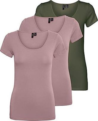 Vero Moda Vmmaxi My Ss Soft U-Neck Noos T-shirt pour femme, Multicolore (2 x rose en bois / 1 x vert olive), XXL