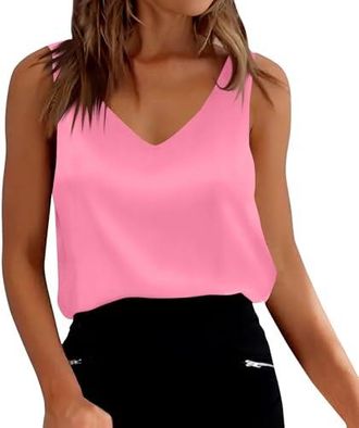 Generic D&eacute;bardeurs en satin pour femme avec col en V et sans manches - Camisole d&eacute;t&eacute; basique - Haut de travail, a rose, XL