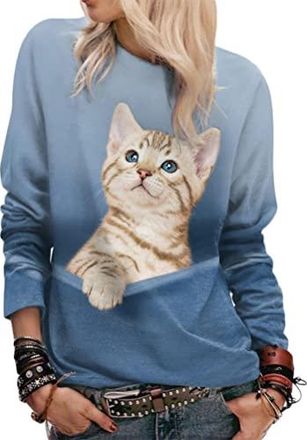 Onsoyours Femme Printemps Automne Pull 3D Chat Imprimé Sweatshirt Top Manches Longues Col Rond T Shirt Léger Casual Sweat Blouse Pullover C Stil-6 XS