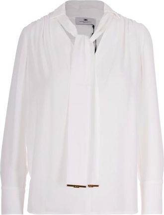 Elisabetta Franchi Femme, Blouses et Chemises, Beige, Taille: 44 FR Chemisier en Georgette avec Ceinture &agrave; Nouer