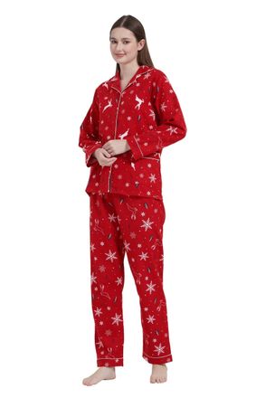 Global Schlafanzüge Damen Flanell | Baumwolle Damen Pyjama Set | Zweiteiliger Nachtwäsche Damen Pjs Set Lang | Knopfleiste vorne und Kordelzug | Rot,Rentie X