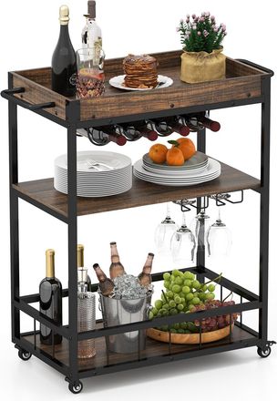 Giantex Barwagen mit Rollen, Küchenwagen, 3 Ebenen mit abnehmbarer Platte, Weinregal, Glashalter, feststellbare Räder mit Bremse, Servierwagen, 84 x 40 x 90 c