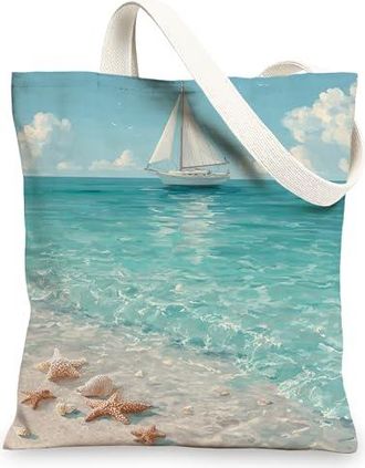 Generic Sacs fourre-tout en toile de paysage marin, sacs dépicerie réutilisables, style plage côtière, légers et lavables, bleu, 13x15 Inch