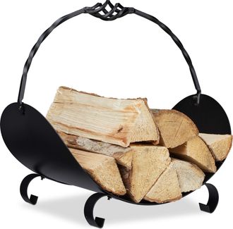 Relaxdays Kaminholzkorb Metall, Holztrage mit Henkel, HBT: 42,5 x 43,5 x 30 cm, innen, Holzkorb f&uuml;r Kaminholz, schwarz