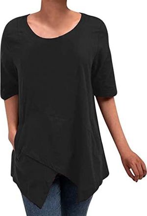 Generic Chemisiers d&eacute;t&eacute; pour femme - Grande taille - Manches quart - T-shirts en coton pour femme - Coupe ample - Chemise en lin boh&egrave;me ample - Haut blanc - H