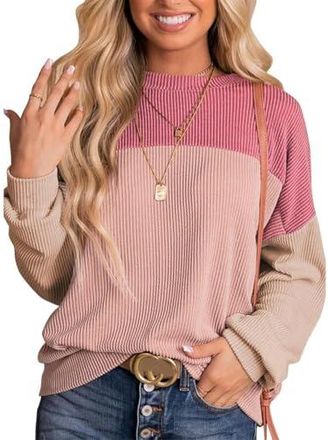 OLIPHEE Sweat Femme sans Capuche Sweatshirt aux Couleurs Patchwork Sweatshirt Côtelé Col Rond Pull Femme T-Shirts à Manches Longues Sweatshirt Femme Casual Au