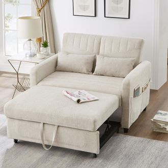 Generic Schlafsofa 2 Sitzer Ausziehbar Leinen Couch mit Schlaffunktion 3-Pos. Verstellbar Stabiler Holz-Metall-Rahmen Inkl. 2 Kissen G&auml;stebett Kleine R&auml;ume So
