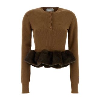Stella McCartney Fff Trim Wollpullover mit Rundhalsausschnitt - - Knitwear - Damen - Braun - S