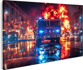 Islandburner Bild auf Leinwand Feuerwehr im Einsatz bei Nacht Stadtbrandszene Bilder Wandbilder Poster