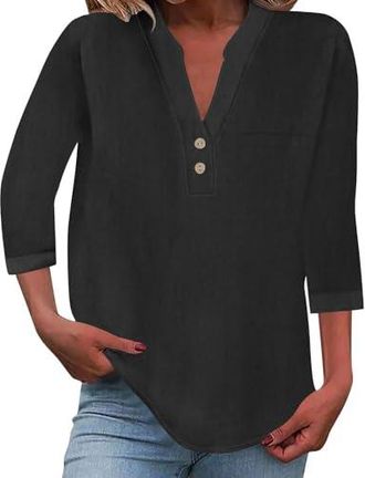 Generico Chemise Femme en Coton Lin Confortable Col en V Élégant T-shirt dÉté Décontracté Léger Chemises en Coton Bureau Travail Plage Top Mode Printemps Vinta