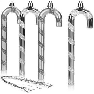 Com-Four 4X Pendentif pour Arbre de No&euml;l en Forme de Canne &agrave; Sucre - D&eacute;corations pour Arbre de No&euml;l &agrave; Suspendre - Boule de No&euml;l en Sucre dorge (Couleur Argent 