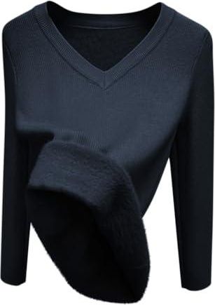 Minetom Pull Femme Col V Pullover Manches Longues Doublé Polaire Chandail Casual Automne Hiver Chaud sous-vêtement Thermique Hauts Tops C Noir S