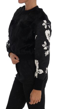 Dolce & Gabbana Womens Black Fur Floral Brocade Zipper Sweater Goat Clothing