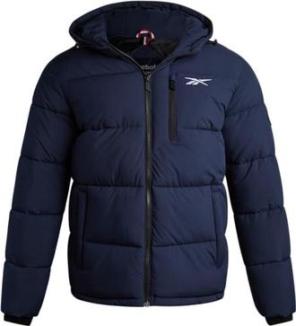 Reebok Veste dhiver matelass&eacute;e chaude et r&eacute;sistante aux intemp&eacute;ries avec capuche et poches pour homme, Vector Bleu marine, Large