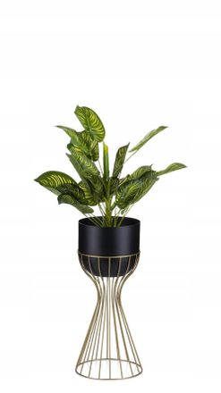 HowHomely Moderne Blumenständer Metall 46 cm Hoch mit Schwarz Blumentopf Rund 18 cm Ø auf Robuste Gold Ständer - Pflanzenständer zur Dekoration Innenräumen