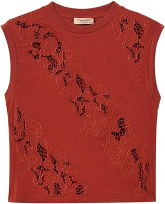 Twinset Femme, Tops, Brun, Taille: 40 FR T-shirt sans manches en coton avec broderie en dentelle