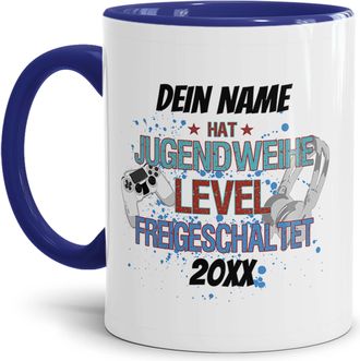 Tassendruck Personalisierte Jugendweihe-Tasse mit Jahr und Name - Level - Jugendweihe Geschenk mit Name personalisiert, Namenstassen | 300 ml, Innen & Henkel Dunk