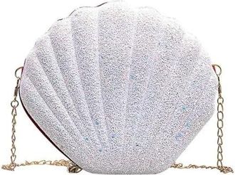 Generic Sac à bandoulière chaîne et paillettes for femmes, sacs main en cuir PU, joli sac forme de coquillage, mini dété(WHITE)