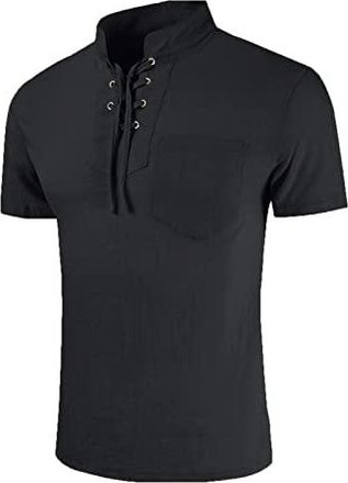 Generic Chemise en coton et lin pour homme - Chemisier dentra&icirc;nement pour homme - Haut d&eacute;t&eacute; &agrave; manches courtes - T-shirt en coton et cravate - Couleur pure - L
