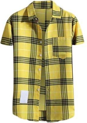 Generic Chemise &agrave; manches courtes pour homme, chemise &agrave; carreaux grande taille, chemise d&eacute;t&eacute; l&eacute;g&egrave;re, haut &agrave; carreaux &agrave; revers respirant, haut boutonn&eacute; r&eacute;tro, 