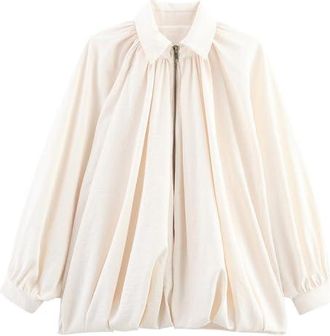 Generic Veste à manches ballon pour femme, manches chauve-souris, col à revers, chemise plissée sur le devant, veste de style urbain, blanc, M