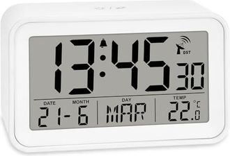 ADE Reveil Matin Radio pilot&eacute;e | Horloge num&eacute;rique | reveil de Voyage | Affichage de la temp&eacute;rature et Le Date | Joli bo&icirc;tier Blanc Mat | avec Pile