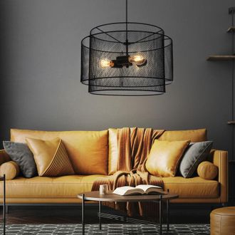 Globo Lighting Suspension lampe suspendue noire grille lumineuse ronde salle &agrave; manger industrielle, m&eacute;tal, 3x douilles E27, DxH 45x120 cm