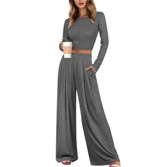 Generic Tenues deux pi&egrave;ces pour femme - Haut court &agrave; manches longues - Pantalon large - Ensembles assortis, GY2., 3XL