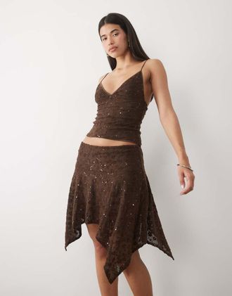 Motel Ashley jupe midi &agrave; ourlet asym&eacute;trique &agrave; sequins, ensemble, marron