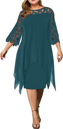Generic Damen Kleid Plus Size Elegant Chiffon 3/4 Ärmel Mesh Kleider Hohe Taille Einfarbig Cocktailkleid Knielang Ballkleider Übergröße Sexy Partykleid für Fr