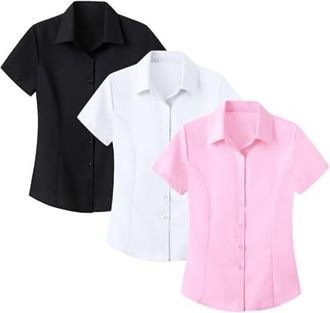 Generic Lot de 3 chemisiers &agrave; manches courtes pour femme - D&eacute;contract&eacute; - Coupe droite - Col en V - Boutonn&eacute; - Couleur unie - D&eacute;contract&eacute; - Basique - Chemise d